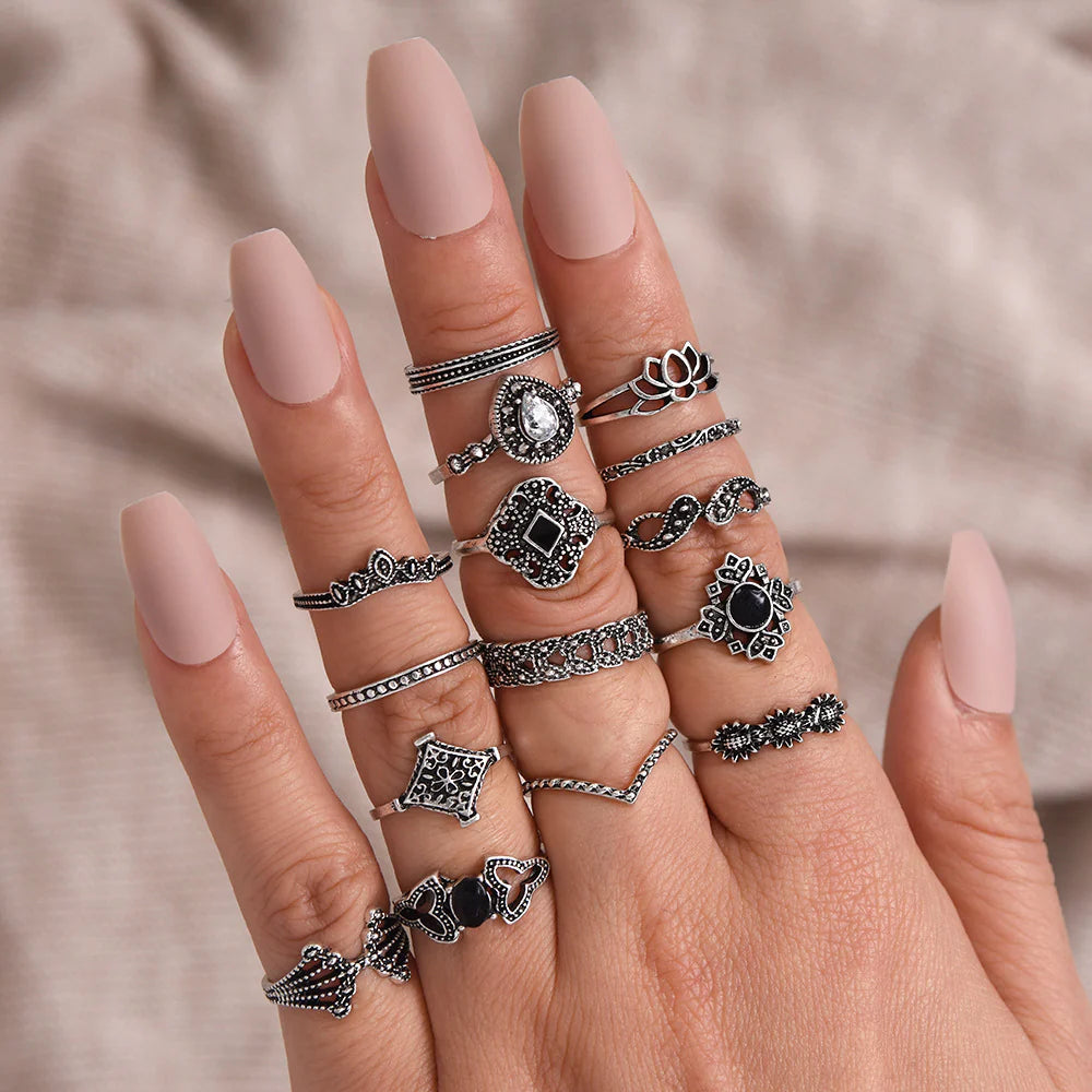 15 Piece Vintage Silver Ring Set | Silver Plated | Moonflower